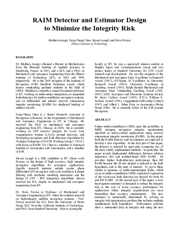 (PDF) RAIM Detector and Estimator Design to Minimize the Integrity Risk