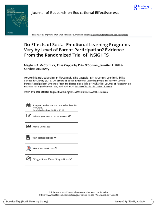 (PDF) Do Effects of Social-Emotional Learning Programs Vary by Level of Parent Participation ...
