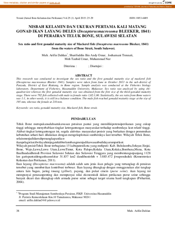 (PDF) NISBAH KELAMIN DAN UKURAN PERTAMA KALI MATANG GONAD IKAN ENDEMIK ...
