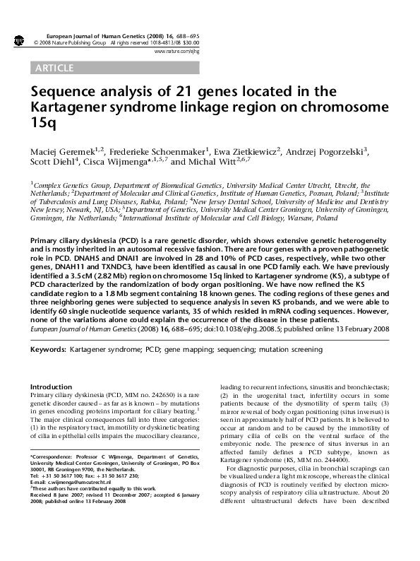 (PDF) Sequence analysis of 21 genes located in the Kartagener syndrome ...