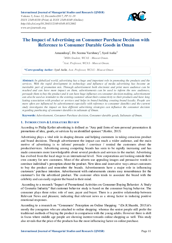 (PDF) The Impact of Advertising on Consumer Purchase Decision with Reference to Consumer Durable ...