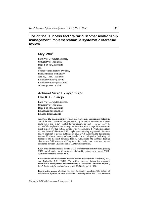(PDF) Critical Success Factors for Customer Relationship Management Implementations