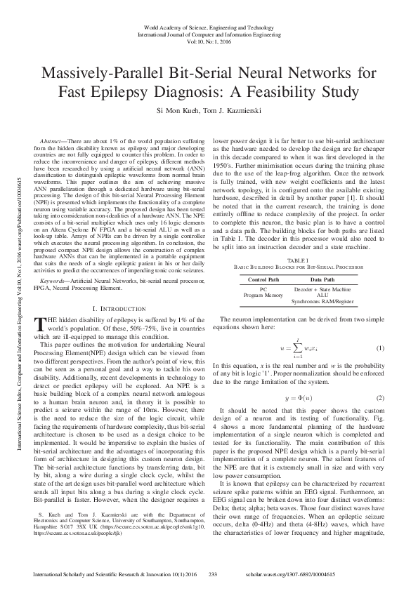 (PDF) Massively-Parallel Bit-Serial Neural Networks For Fast Epilepsy Diagnosis: A Feasibility Study