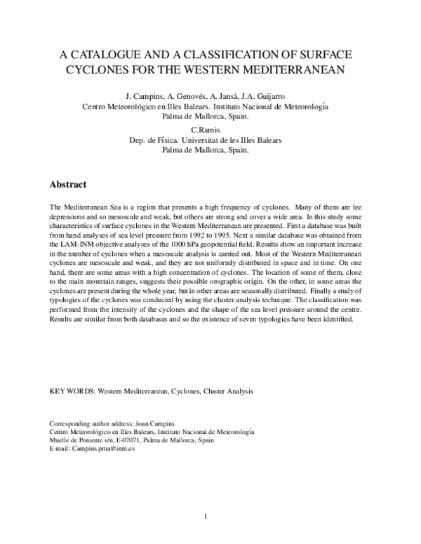 (PDF) A catalogue and a classification of surface cyclones for the ...