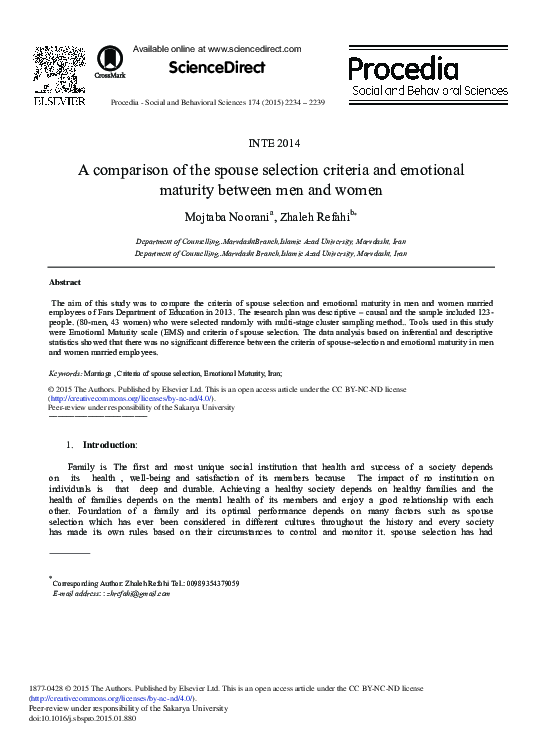 (PDF) A Comparison of the Spouse Selection Criteria and Emotional ...