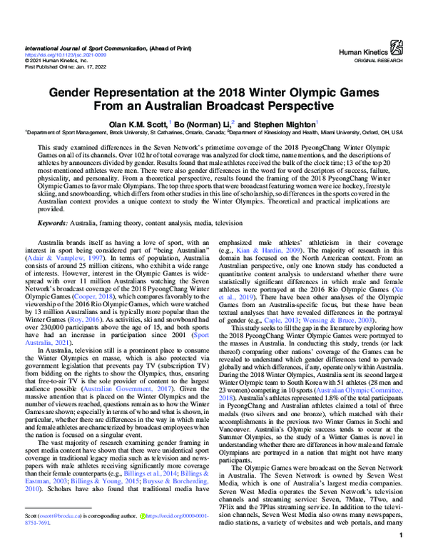 (PDF) Gender Representation at the 2018 Winter Olympic Games From an ...