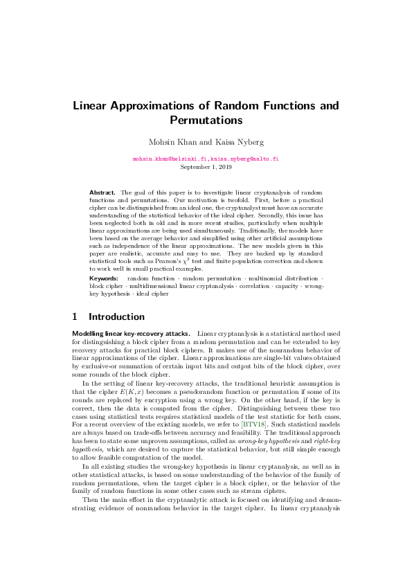 (PDF) Linear Approximations of Random Functions and Permutations