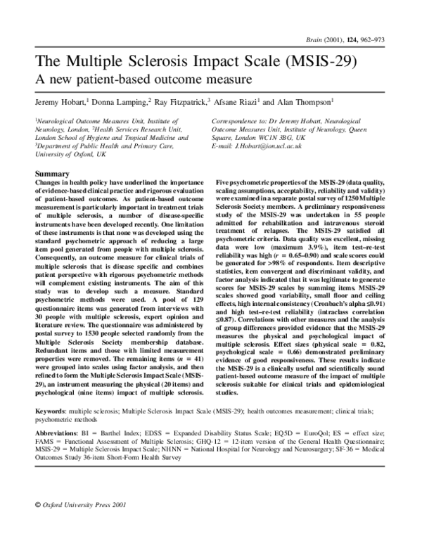 (PDF) The Multiple Sclerosis Impact Scale (MSIS-29): A new patient ...