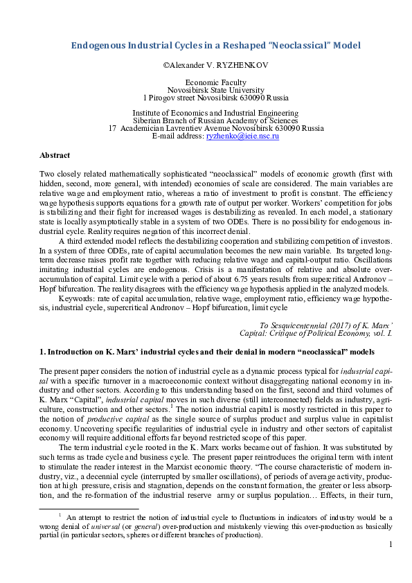 (PDF) Endogenous Industrial Cycles in a Reshaped “Neoclassical” Model ...