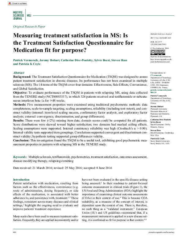 (PDF) Measuring treatment satisfaction in MS: Is the Treatment ...