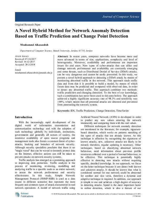 (PDF) A Novel Hybrid Method for Network Anomaly Detection Based on Traffic Prediction and Change ...
