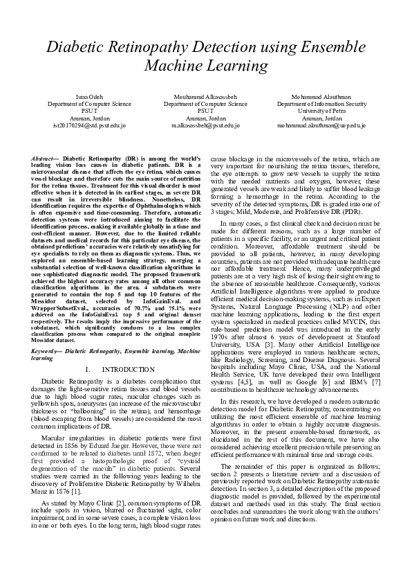 (PDF) Diabetic Retinopathy Detection using Ensemble Machine Learning