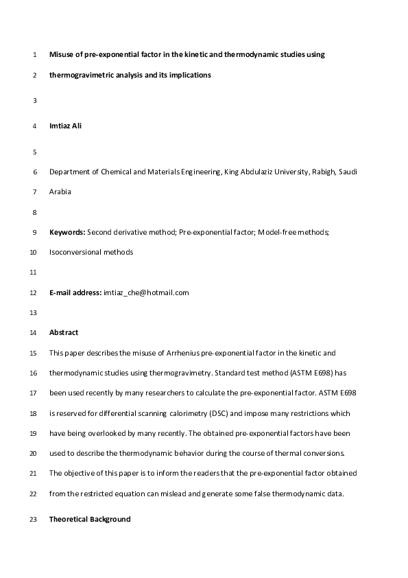 (PDF) Misuse of pre-exponential factor in the kinetic and thermodynamic ...