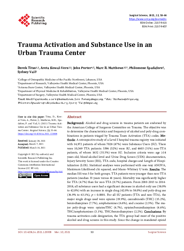 (PDF) Trauma Activation and Substance Use in an Urban Trauma Center