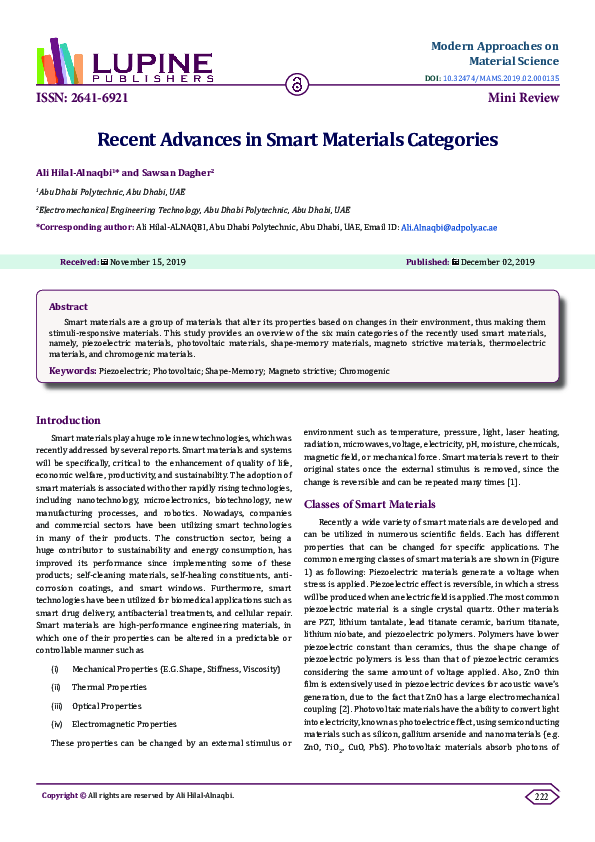 (PDF) Recent Advances in Smart Materials Categories