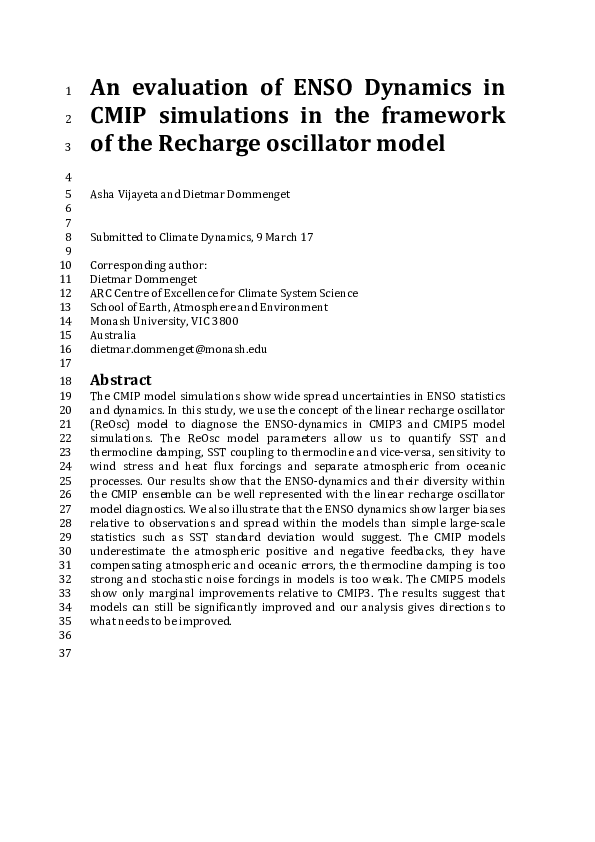 (PDF) An evaluation of ENSO Dynamics in 1 CMIP simulations in the ...