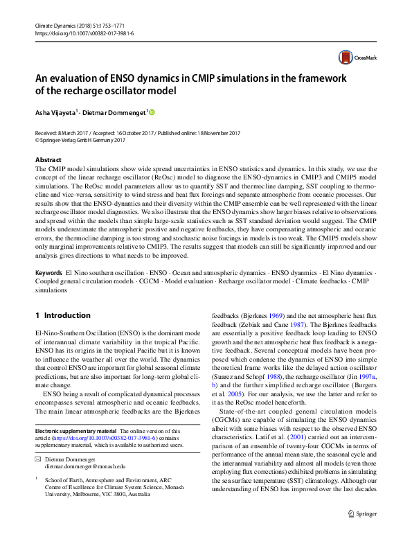 Pdf An Evaluation Of Enso Dynamics In Cmip Simulations In The Framework Of The Recharge