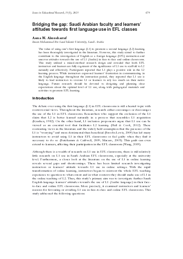 (PDF) Bridging the gap: Saudi Arabian faculty and learners' attitudes towards first language use ...