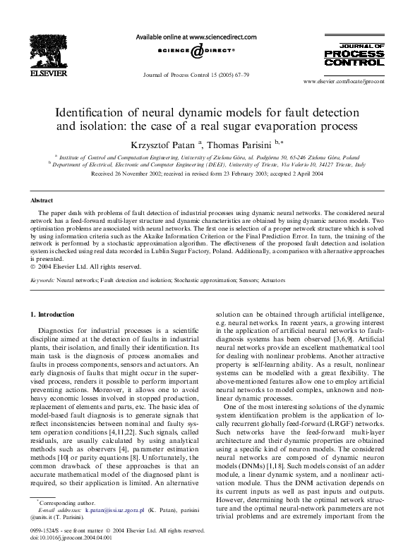 Pdf Identification Of Neural Dynamic Models For Fault Detection And Isolation The Case Of A
