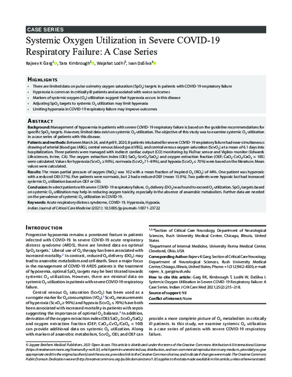 (PDF) Systemic Oxygen Utilization in Severe COVID-19 Respiratory ...