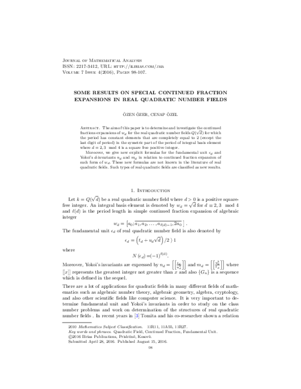 (PDF) Some Results On Special Continued Fraction Expansions in Real Quadratic Number Fields