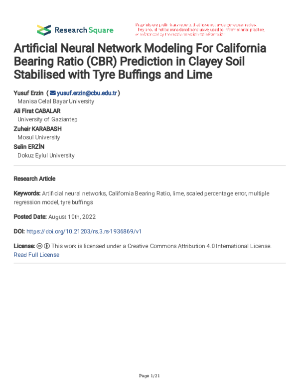 (PDF) Artificial Neural Network Modeling For California Bearing Ratio (CBR) Prediction in Clayey ...