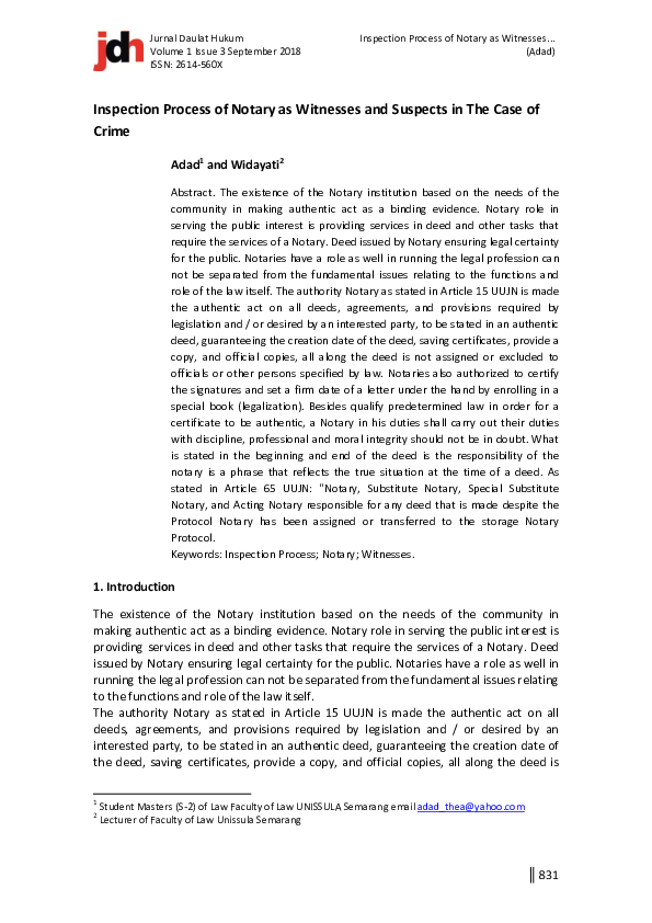 (PDF) Inspection Process of Notary as Witnesses and Suspects in The ...