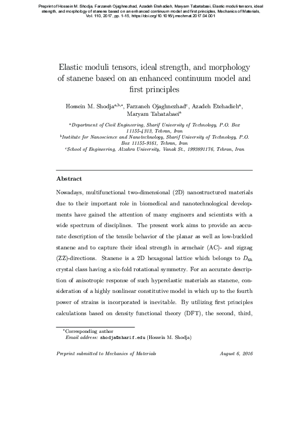 Elastic moduli tensors, ideal strength, and morphology of stanene based on an enhanced continuum ...