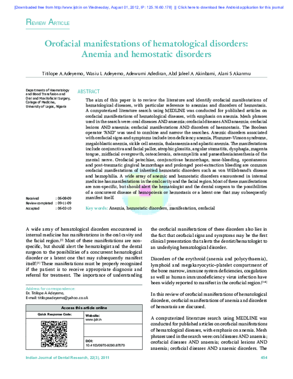(PDF) Orofacial manifestations of hematological disorders: Anemia and hemostatic disorders
