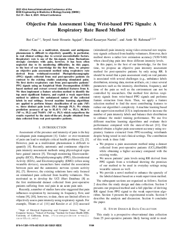 (PDF) Objective Pain Assessment Using Wrist-based PPG Signals: A ...