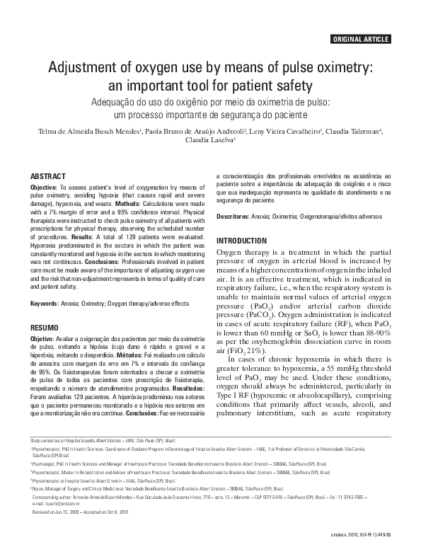 (PDF) Adjustment of oxygen use by means of pulse oximetry: an important ...