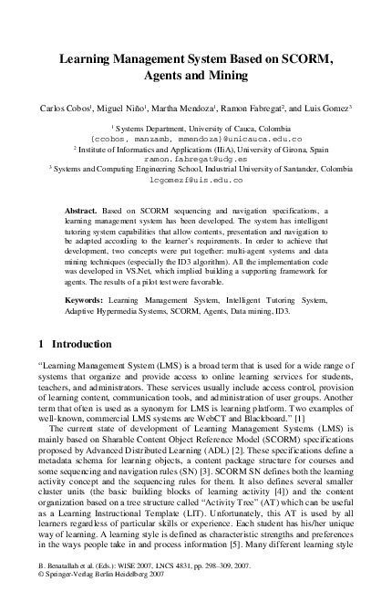 (PDF) Learning Management System Based on SCORM, Agents and Mining
