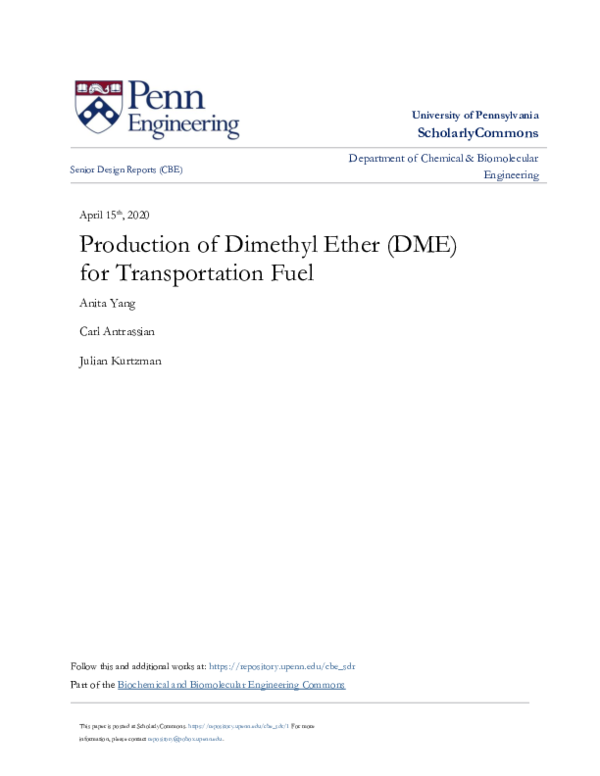 (PDF) Production of Dimethyl Ether (DME) for Transportation Fuel
