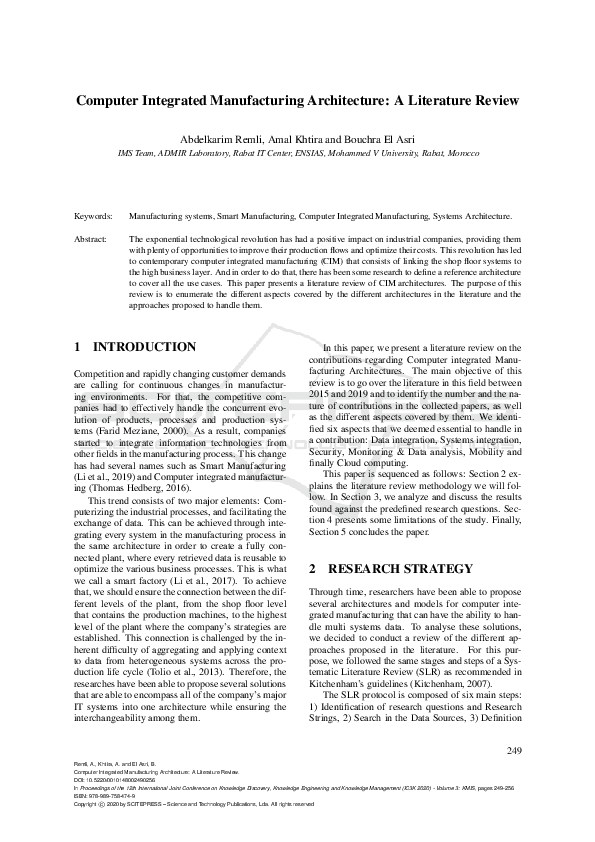(PDF) Computer Integrated Manufacturing Architecture: A Literature Review
