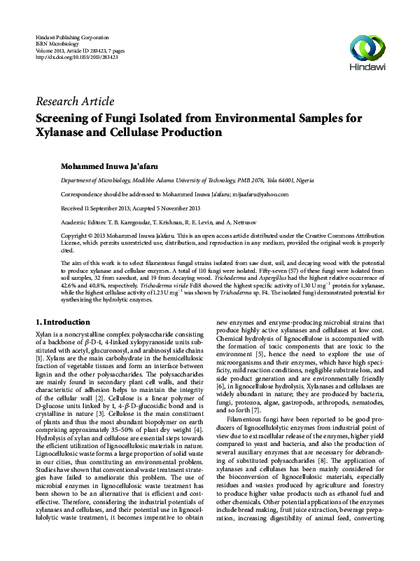 (PDF) Screening of Fungi Isolated from Environmental Samples for Xylanase and Cellulase Production