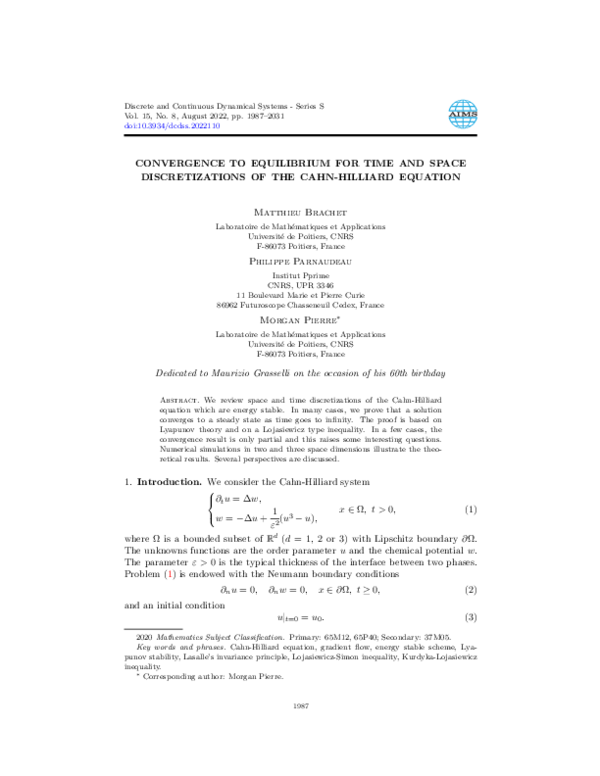 (PDF) Convergence to equilibrium for time and space discretizations of the Cahn-Hilliard equation