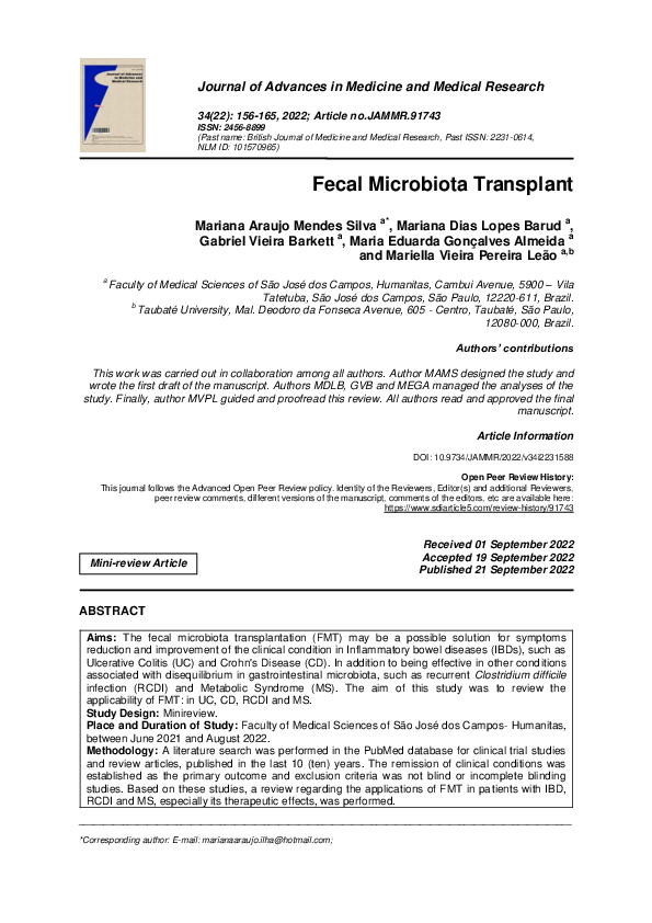 (PDF) Fecal Microbiota Transplant