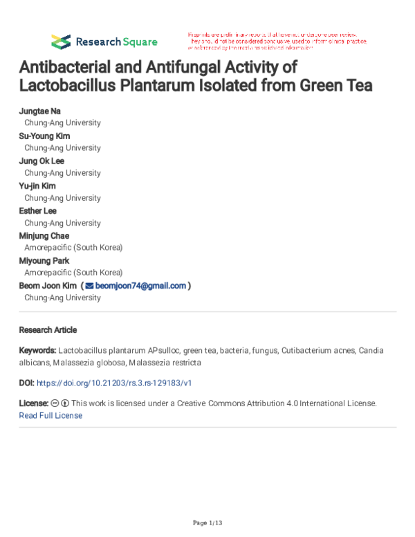 (PDF) Antibacterial and Antifungal Activity of Lactobacillus Plantarum Isolated from Green Tea