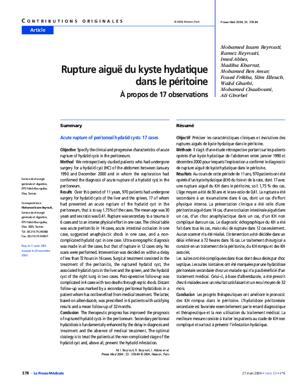 (PDF) Rupture aiguë du kyste hydatique dans le péritoine