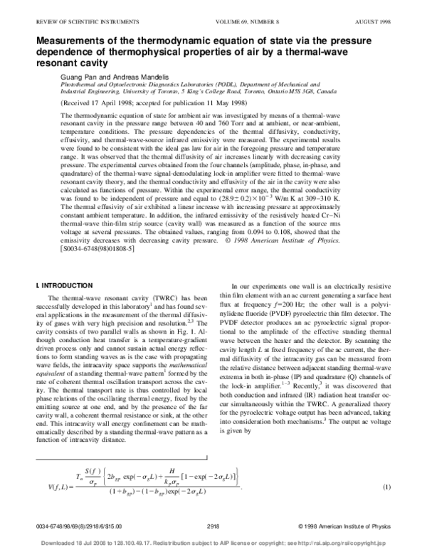 (PDF) Measurements of the thermodynamic equation of state via the pressure dependence of ...