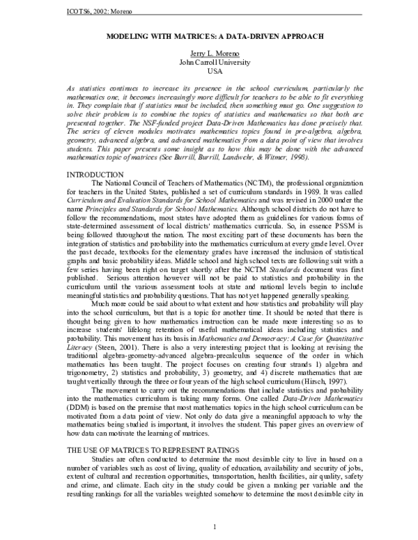 Pdf Modeling With Matrices A Data Driven Approach Jerry Moreno
