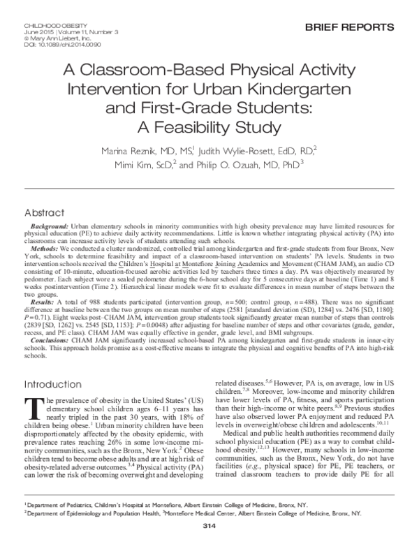 (PDF) A Classroom-Based Physical Activity Intervention for Urban Kindergarten and First-Grade ...