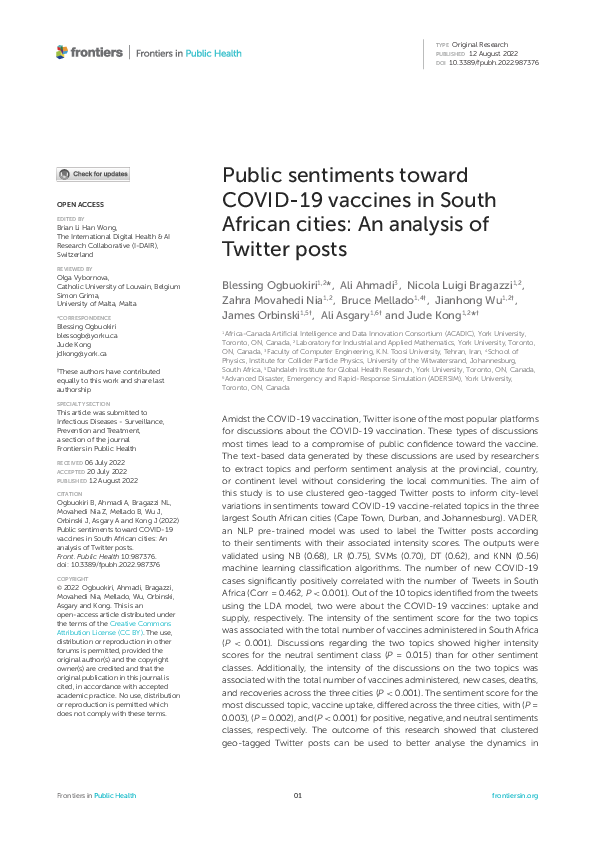 (PDF) Public sentiments toward COVID-19 vaccines in South African ...