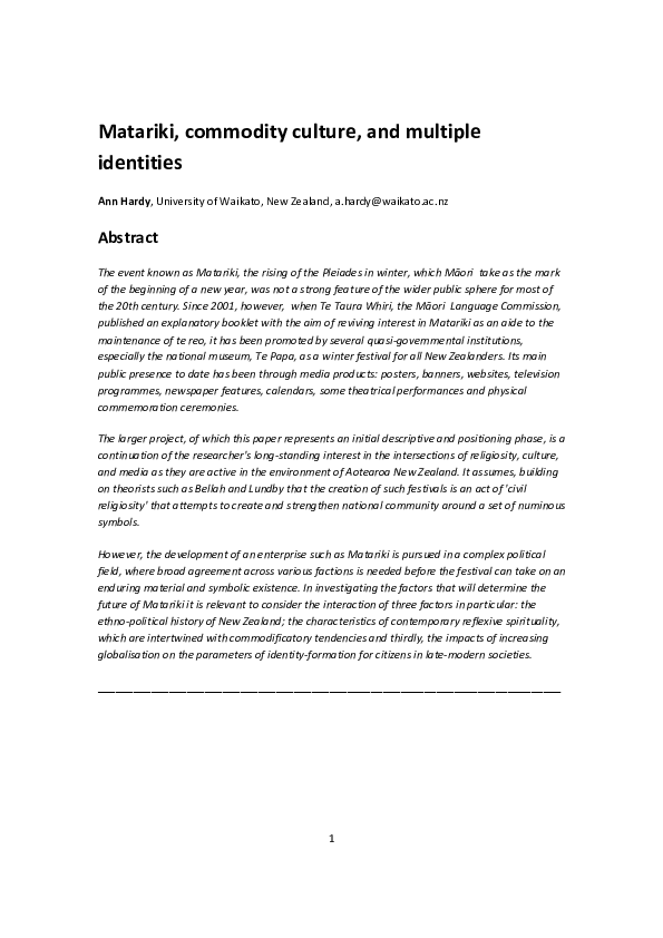(PDF) Matariki, commodity culture, and multiple identities