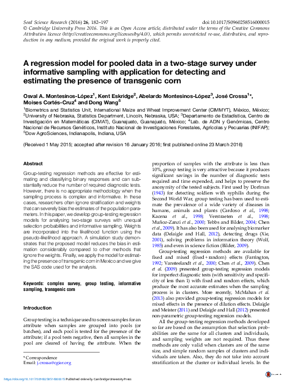 (PDF) A regression model for pooled data in a two-stage survey under informative sampling with ...