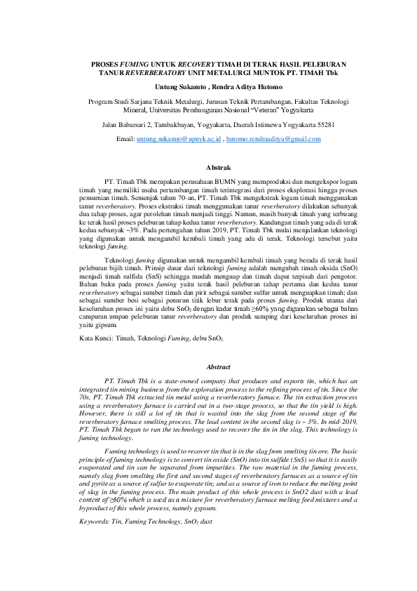 (PDF) Proses Fuming Untuk Recovery Timah DI Terak Hasil Peleburan Tanur ...