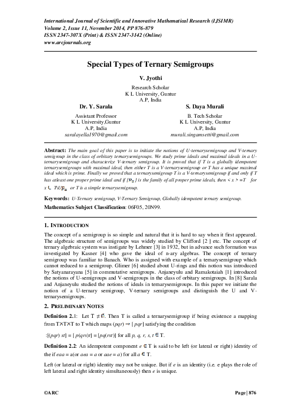(PDF) Special Types of Ternary Semigroups V . Jyothi