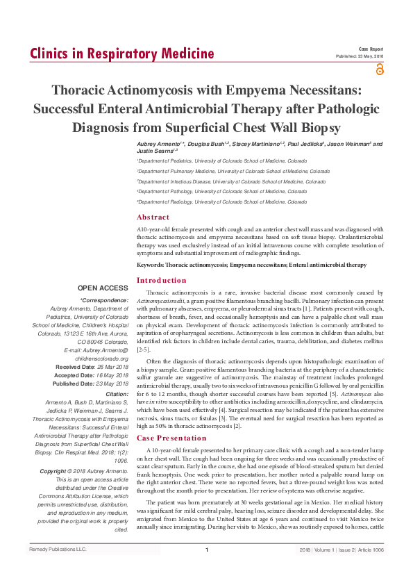(PDF) Thoracic Actinomycosis with Empyema Necessitans: Successful ...