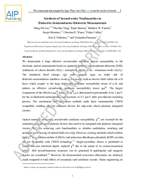 Pdf Synthesis Of Second Order Nonlinearities In Dielectric Semiconductor Dielectric Metamaterials