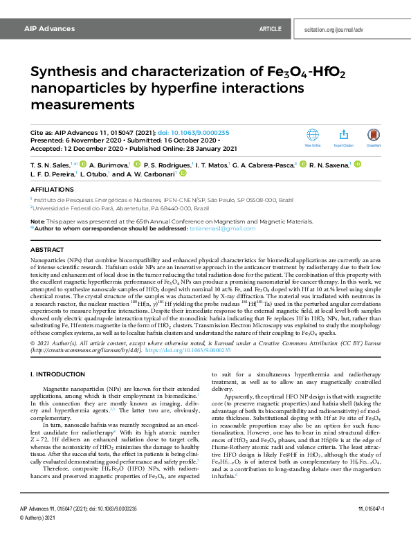 (PDF) Synthesis and characterization of Fe3O4-HfO2 nanoparticles by hyperfine interactions ...